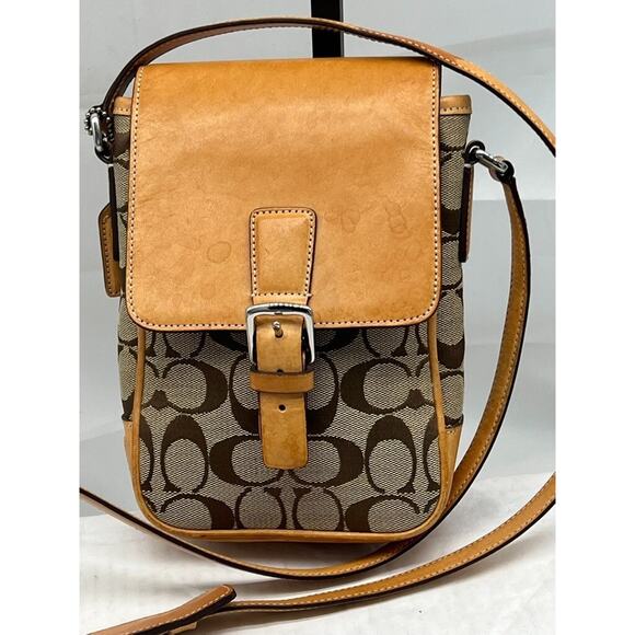 Coach | Bags | Coach Signature Canvas Leather Shoulder Bag Beige Brown ...